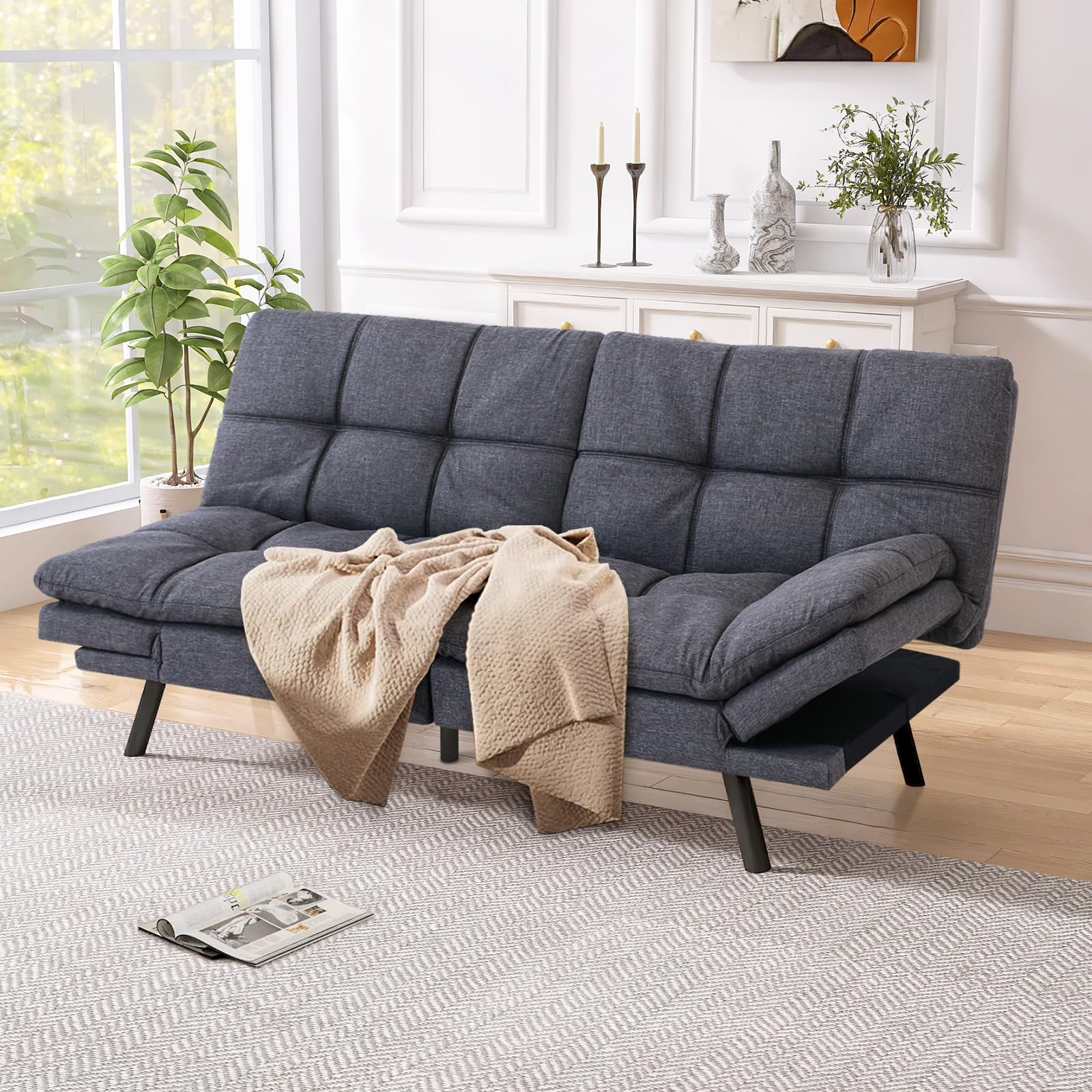 Erdoru Convertible Memory Foam Futon Sofa Bed Couch,Linen Fabric Futon Sofa Couch,Sleeper Futons Sofa Bed,Small Splitback Modern Loveseat Sofa Bed for Living Room,Office,Apartment,Deep Grey