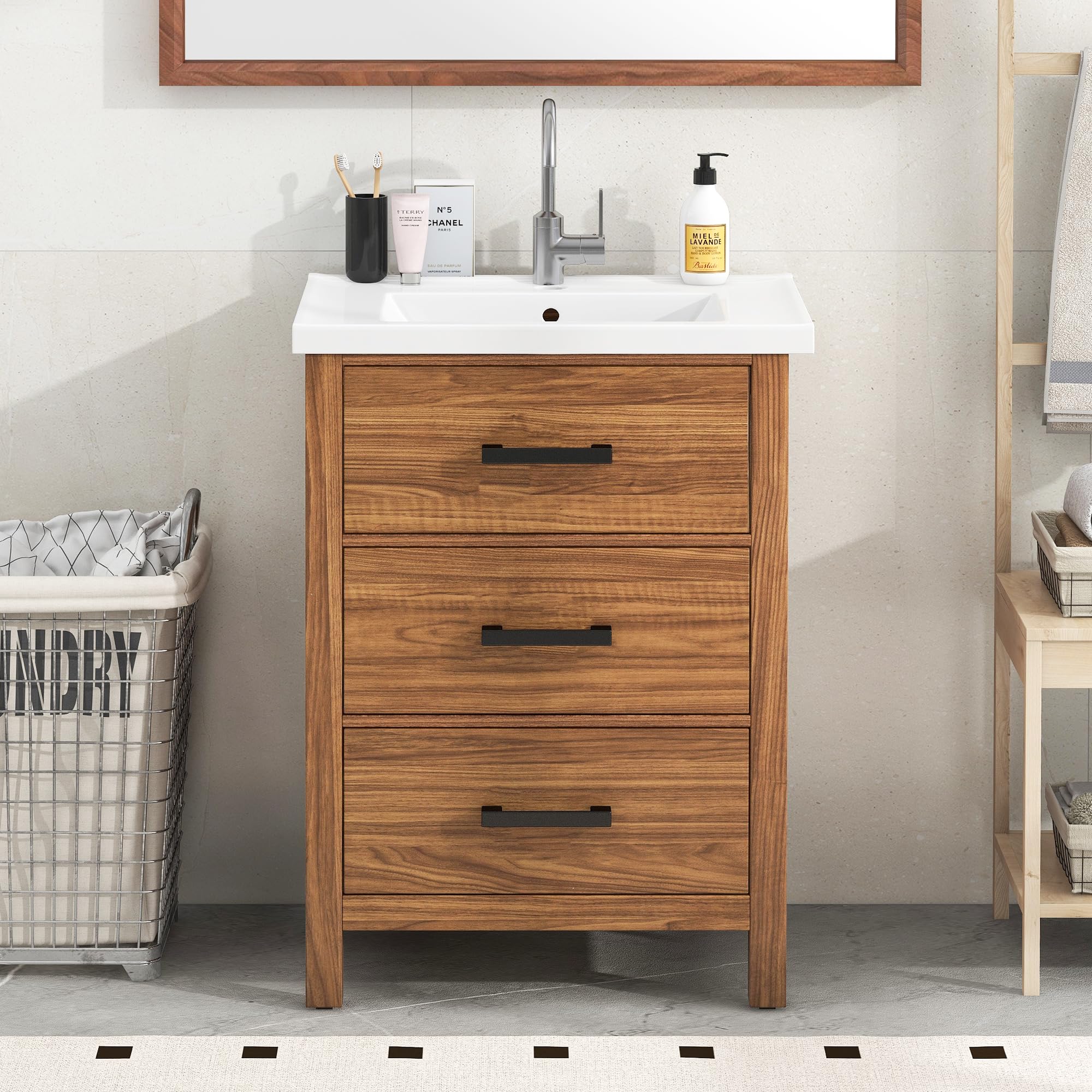 LNRLZYLS 24'' Bathroom Vanity with Ceramic Basin Sink, Modern Freestanding Bathroom Storage Cabinet with 3 Drawers