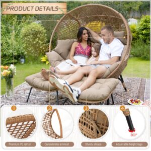 BULEXYARD Double PE Wicker Stationary Egg Chair with Legs Patio 2 Person Loveseat Chair Indoor Outdoor Oversized PE Rattan Lounge Chair for Garden Balcony (Brown/Brown, Double Egg Chair with Ottoman)