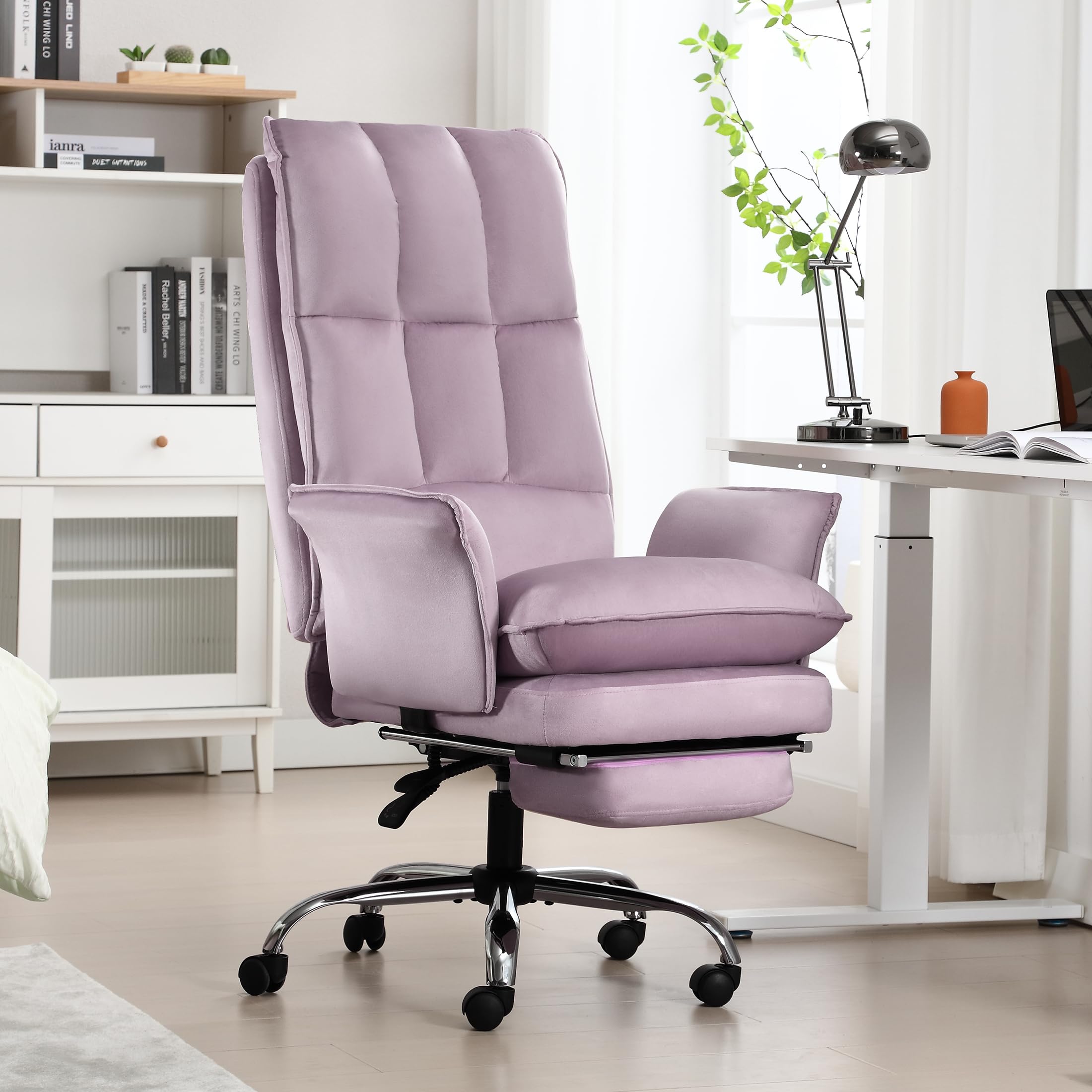 BOSMILLER Office Chair, Modern Home Office Desk Chairs with Wheels and Retractable Footrest, Adjustable Backrest Velvet High Back Office Chair, Computer Chairs for Bedroom (Light Purple)