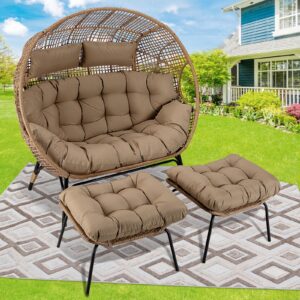 BULEXYARD Double PE Wicker Stationary Egg Chair with Legs Patio 2 Person Loveseat Chair Indoor Outdoor Oversized PE Rattan Lounge Chair for Garden Balcony (Brown/Brown, Double Egg Chair with Ottoman)