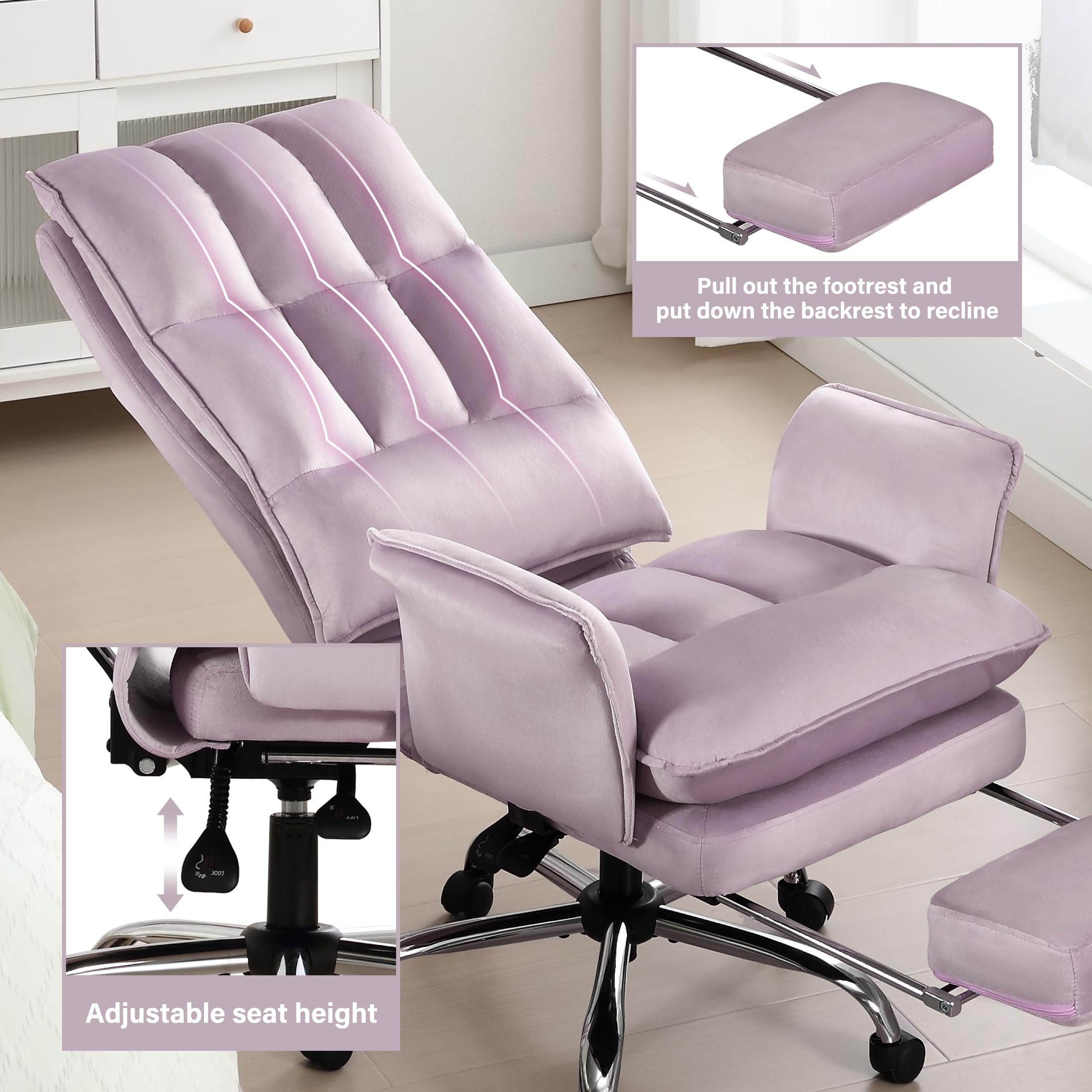 BOSMILLER Office Chair, Modern Home Office Desk Chairs with Wheels and Retractable Footrest, Adjustable Backrest Velvet High Back Office Chair, Computer Chairs for Bedroom (Light Purple)