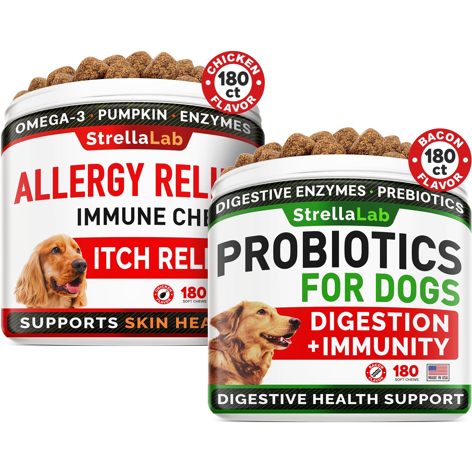 Allergy Relief + Probiotics Dogs Bundle - Itchy Skin Treatment + Digestive Enzymes - Omega 3 & Pumpkin + Prebiotics - Dogs Itching & Licking Treats + Improve Digestion - 360 Chews - Made in USA