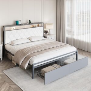 qplzf full size bed frame with 2 storage drawers, upholstered full bed frame with led lights headboard and charging station, no box spring needed, easy assembly- dark grey