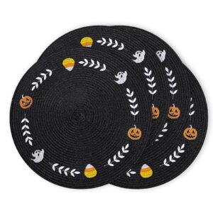 whaline 4pcs round halloween placemats embroidered ghost pumpkin candy corn place mats black spooky dinner table mats for halloween party decor