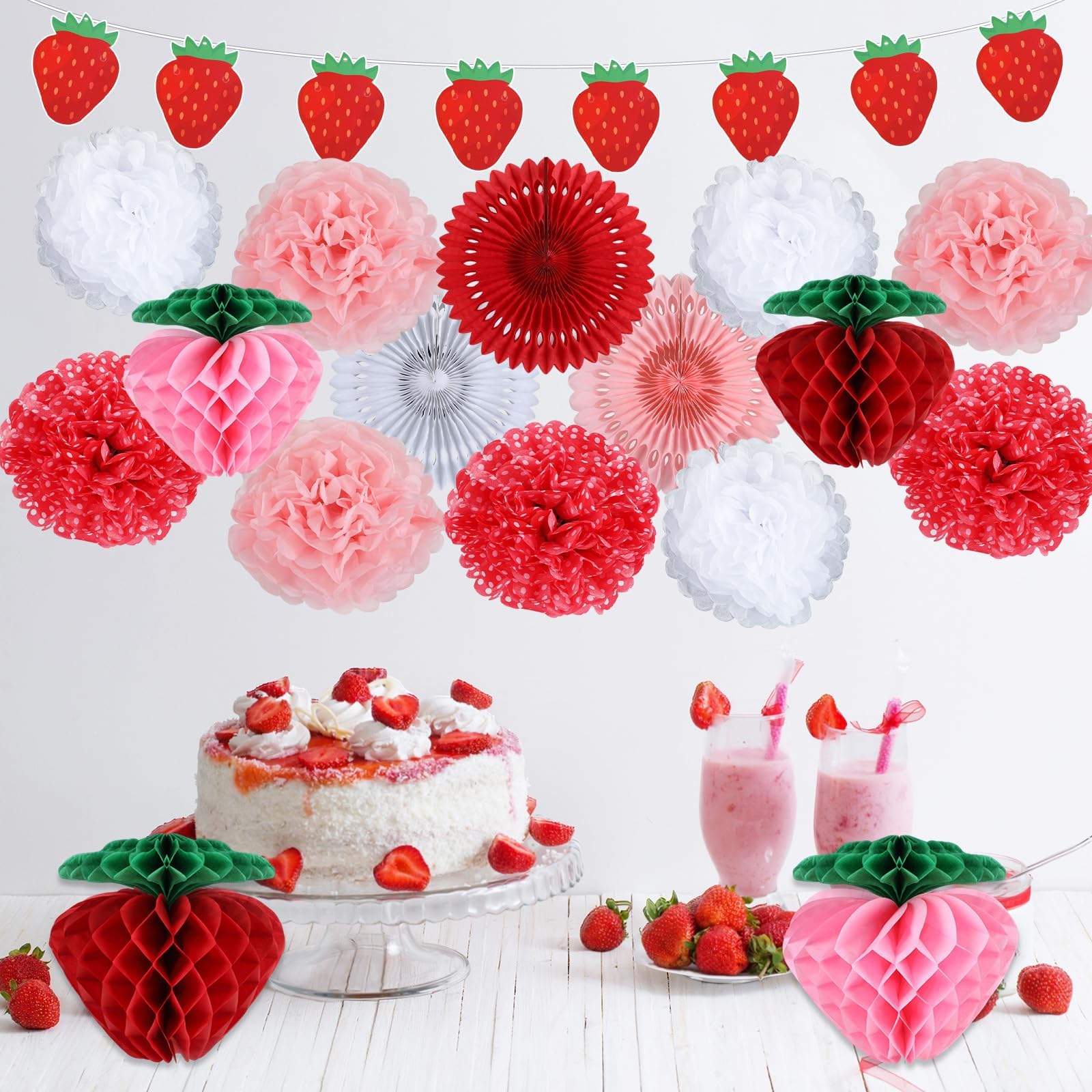 24PCS Strawberry Party Decorations Set Strawberry Honeycomb Balls Fans Lantern Tissue Pom Poms Garland Hanging Swirl Red Pink Banner Girl Baby Shower Bridal Berry First Birthday Decor Supplies