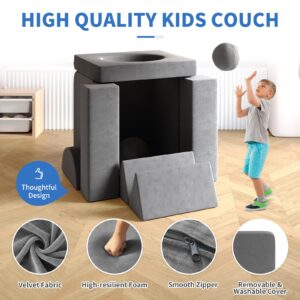 Kids Couch, 12PCS Toddler Couch with 2 Balls and Tunnel, Modular Kids Couch for Playroom, Kids Play Couch for Kickball Game, 30+ Creative Gameplay Couch for Kids (Darkgray)