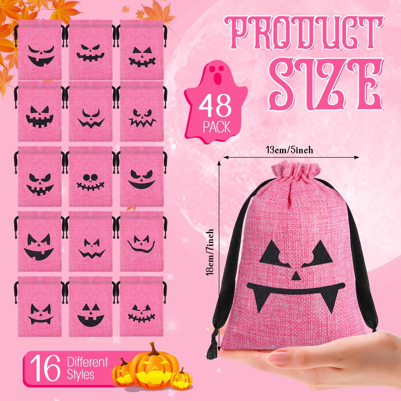 Paterr 48 Pcs 5 x 7 Inch Halloween Burlap Treat Bags Bulk Halloween Party Favors Pumpkin Goody Gift Bags with Drawstring Small Candy Pouches for Kids Halloween Trick or Treat Candy Bags(Pink)