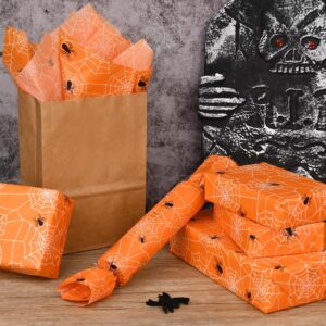 Bolsome 100 Sheets Halloween Tissue Paper for Gift Wrapping Orange Black Spider Web Printed Tissue Paper for Gift Bags Spooky Design Decorative Tissue for Halloween Party DIY Craft