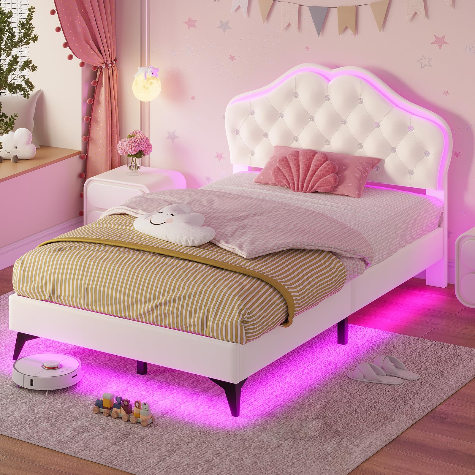 ADORNEVE Twin Bed Frame with RGB LED Lights, Princess Bed Frame with Adjustable Crystal Button Headboard, Velet Upholstered Platform Bed for Girls, Solid Wooden Slats, Easy Assembly, Creamy White