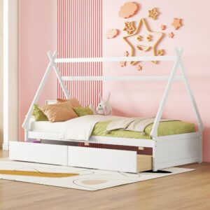 linique twin size tent floor bed with two drawers,wooden twin platform bed frame teepee bed,white