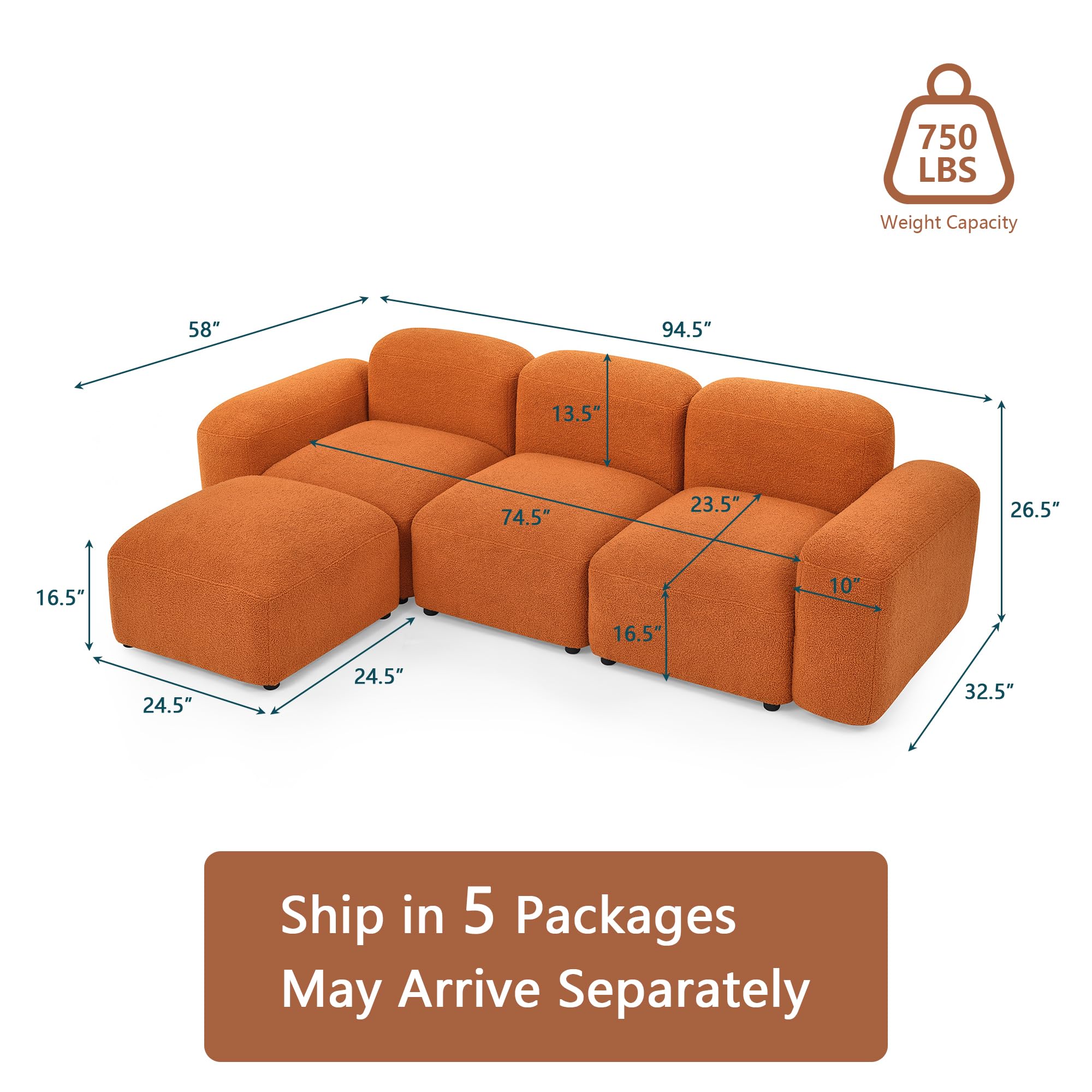 VEPXXP 94” Modular Sectional Sofa with Ottoman Modern Teddy Fleece 3 Seater Cloud Couch L Shaped Sofa Couch for Living Room, Office, Apartment, Orange