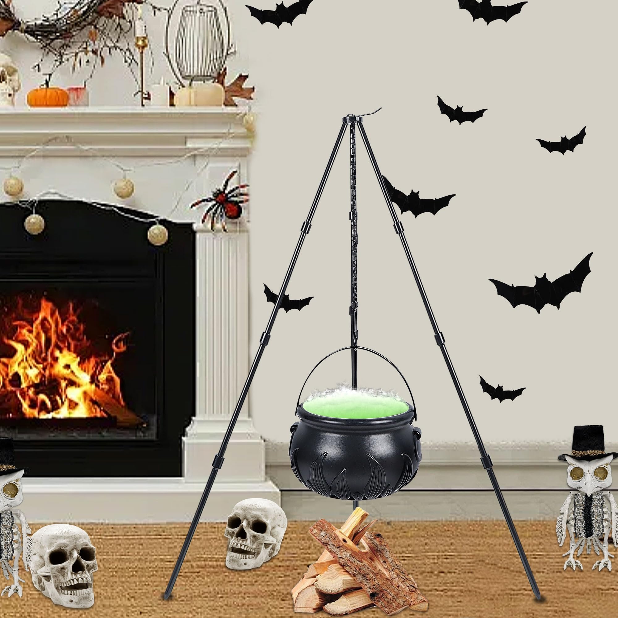 Treewoll 2.8FT H Halloween Witch Cauldron with Tripod Stand, Hanging Black Pot with Adjustable Chain Hook for Witches Games Props Haunted House Halloween Parties Indoor Outdoor Decorative Set