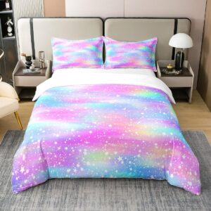 3 pieces strry sky 100% nature cotton duvet cover not comforter,watercolor rainbow tie-dyed universe outer space bedding set for room decor,girly women galaxy sky all season bedding queen size