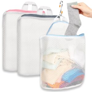 3pcs hanging laundry bags for socks with s hooks, 3 color mesh laundry bags for washing machine