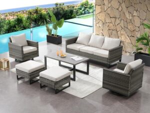 hummuh 6 piece patio furniture set pe wicker outdoor couch,patio swivel rocker chairs and tables for porch,garden,backyard