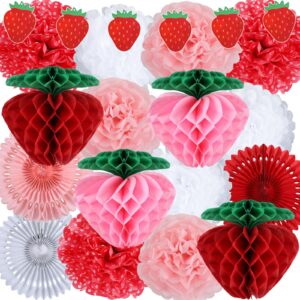 24pcs strawberry party decorations set strawberry honeycomb balls fans lantern tissue pom poms garland hanging swirl red pink banner girl baby shower bridal berry first birthday decor supplies