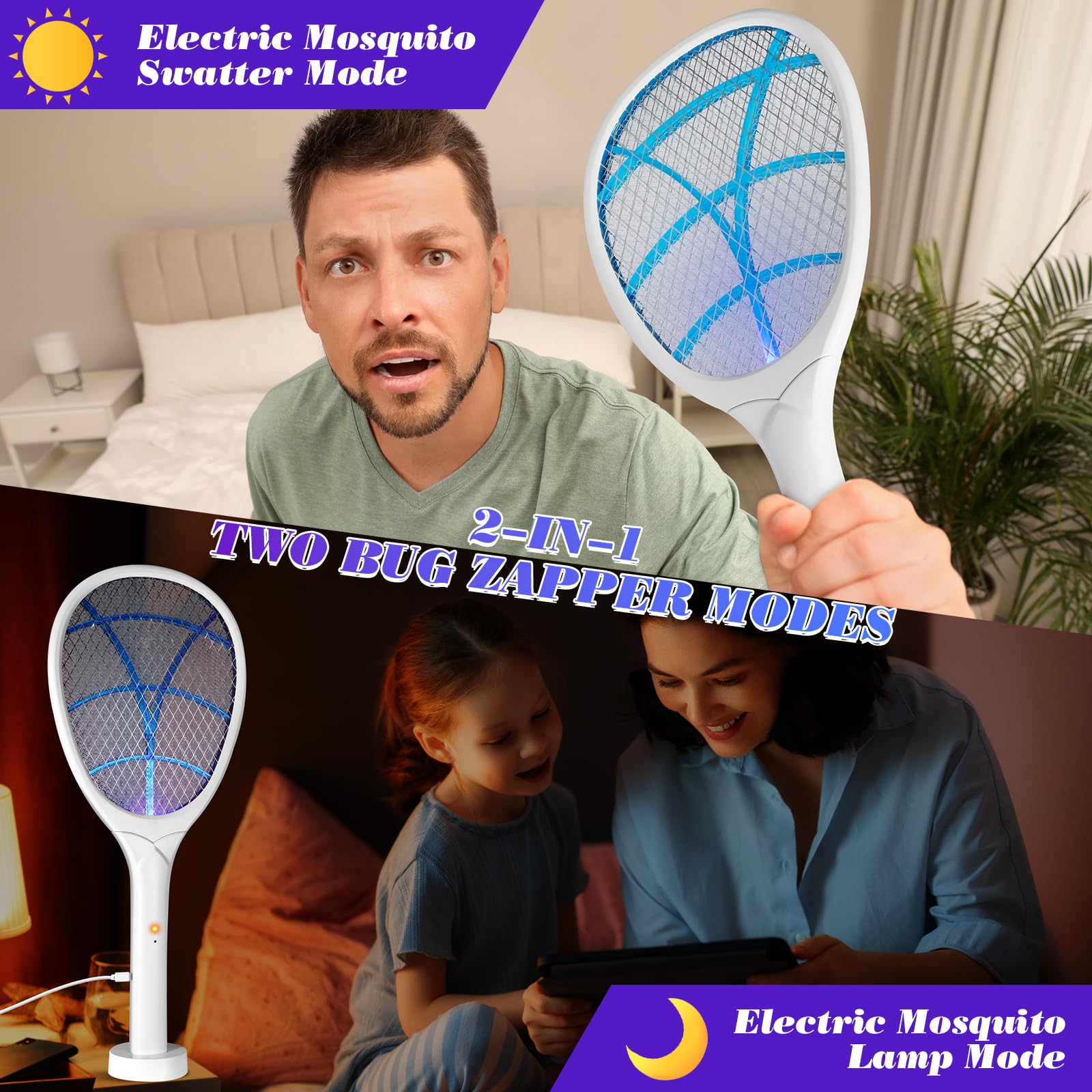 Qualirey 2 Pcs Electric Fly Swatter Racket 3000v 2 in 1 Bug Zapper Racket USB Rechargeable Base, Powerful Mosquitoes Trap Lamp Fly Killer with 3 Layer Safety Mesh for Indoor Outdoor Home Office Patio