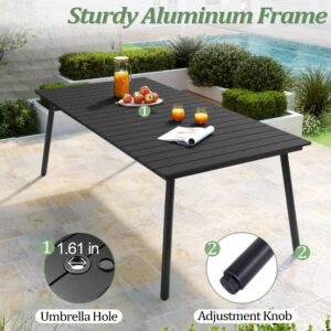 VredHom Outdoor Dining Table, 82.7 inch Patio Dining Table with Wooden-Like Top and Aluminum Frame, Rectangular Table with Umbrella Hole Outdoor Furniture, Black