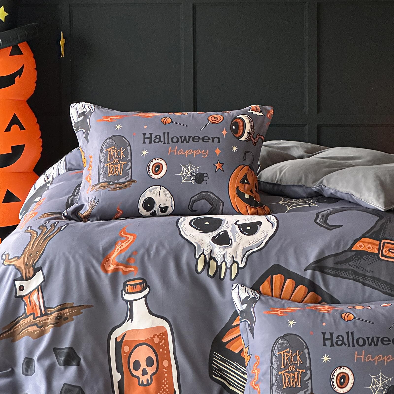 Halloween Duvet Cover Set Twin Size 3 Pieces with 2 Pillow Shams - Gray Halloween Pumpkin Festival Themed Bedding Set with Broom Tombstone Skeleton for Kids Boys Girls Teens Bedroom Decor