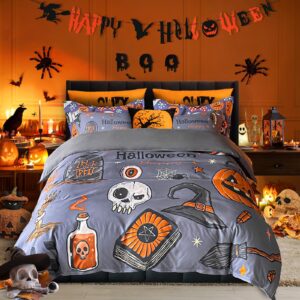 halloween duvet cover set twin size 3 pieces with 2 pillow shams - gray halloween pumpkin festival themed bedding set with broom tombstone skeleton for kids boys girls teens bedroom decor