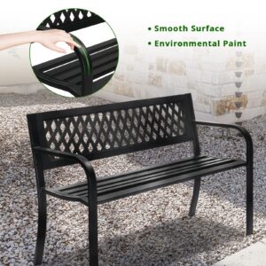 VINGLI Outdoor Bench Garden Bench, Metal Porch Bench w/PVC Back, Black Outdoor Bench Park Bench for Yard Lawn Decor Deck Entryway