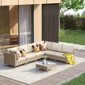 vicllax 7 pieces patio conversation set, cushioned outdoor furniture set of 7, wicker outdoor sectional sofa set with glass-top table for lawn, backyard, garden, oak rattan