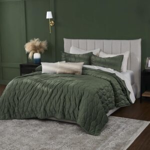 palassio Luxury Olive Green Velvet Twin Size Quilt Bedding Set with 1 Pillow Sham, Christmas Soft Cloud Cozy Warm Bedspread Coverlet for Kids, Lightweight Crushed Comforter for All Season