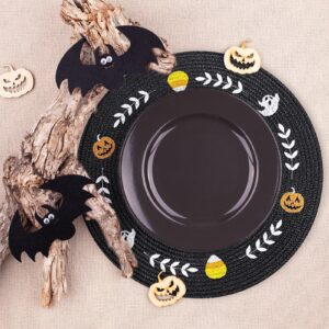 Whaline 4Pcs Round Halloween Placemats Embroidered Ghost Pumpkin Candy Corn Place Mats Black Spooky Dinner Table Mats for Halloween Party Decor