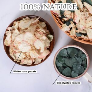 Oning 2 QT Mix Dried Bio Flower Rose Petals Confetti, 20+ Cups of Ivory White Roses & Eucalyptus Leaves, Real Petals for Wedding Parties Romantic Gifts, Flower Girl Bridal