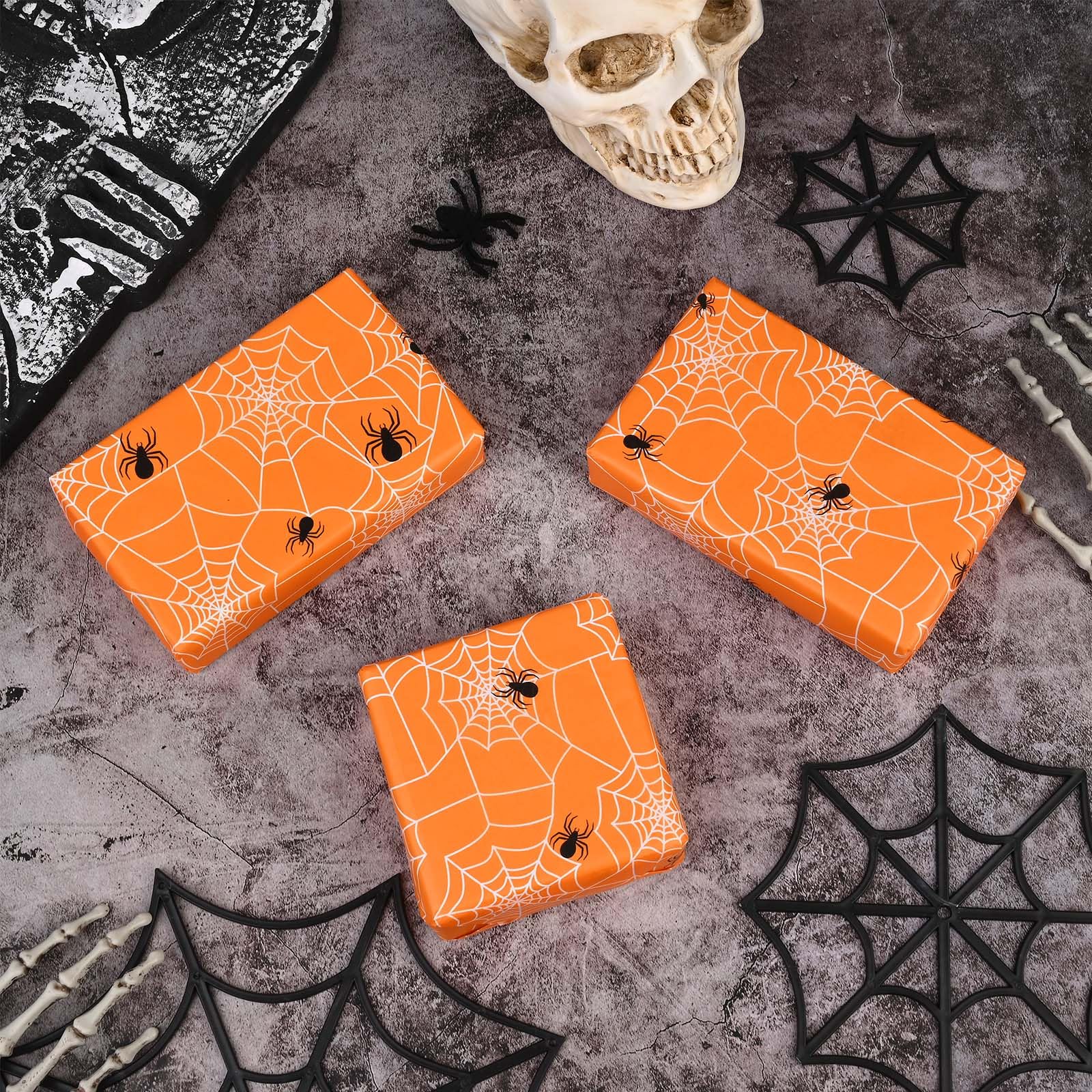 Bolsome 100 Sheets Halloween Tissue Paper for Gift Wrapping Orange Black Spider Web Printed Tissue Paper for Gift Bags Spooky Design Decorative Tissue for Halloween Party DIY Craft