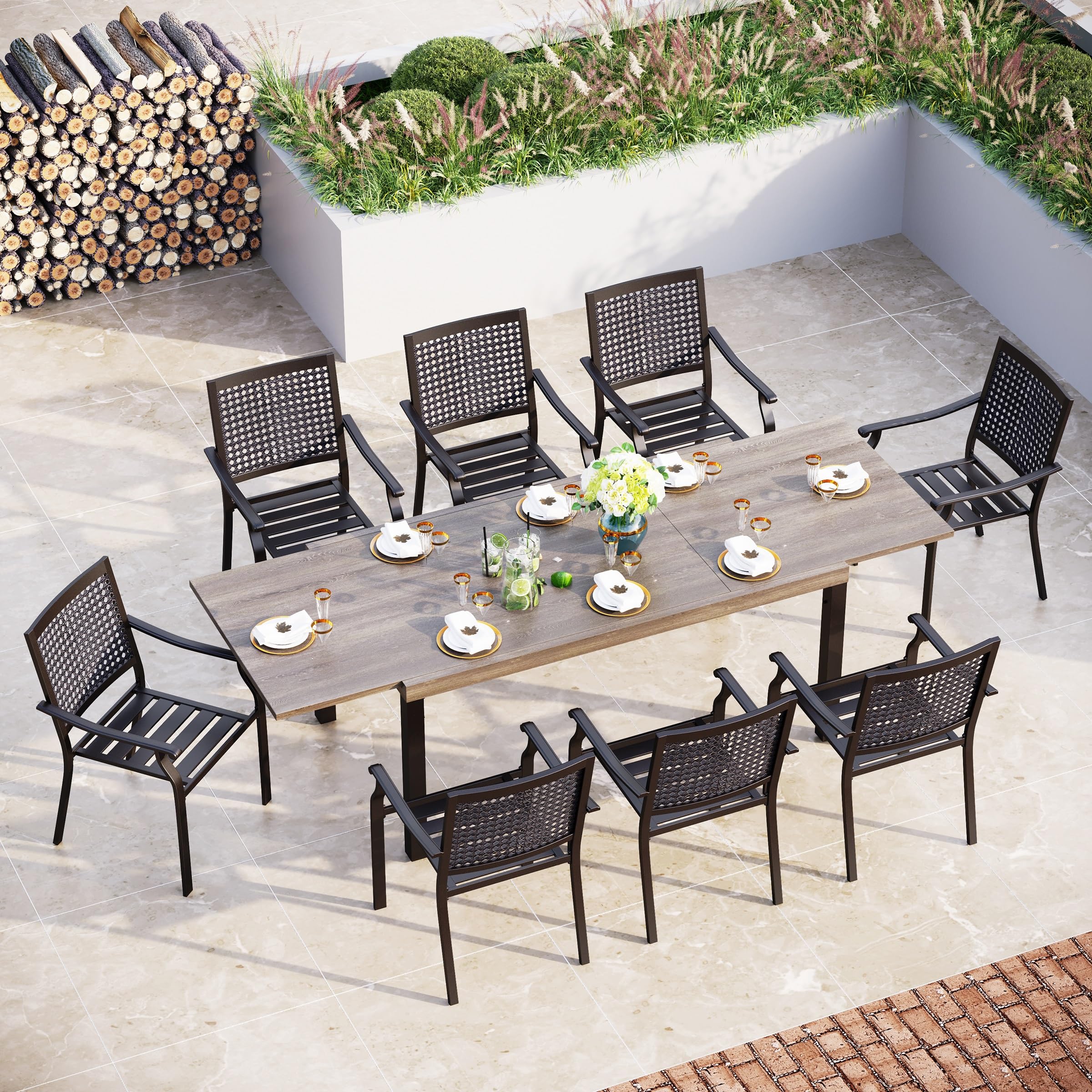 Sophia & William Patio Table and Chairs Set, Outdoor Dining Set for 8, 9 Piece Metal Patio Furniture, 99" Expandable Rectangular Table with Wood-Like Tabletop(Beehive)