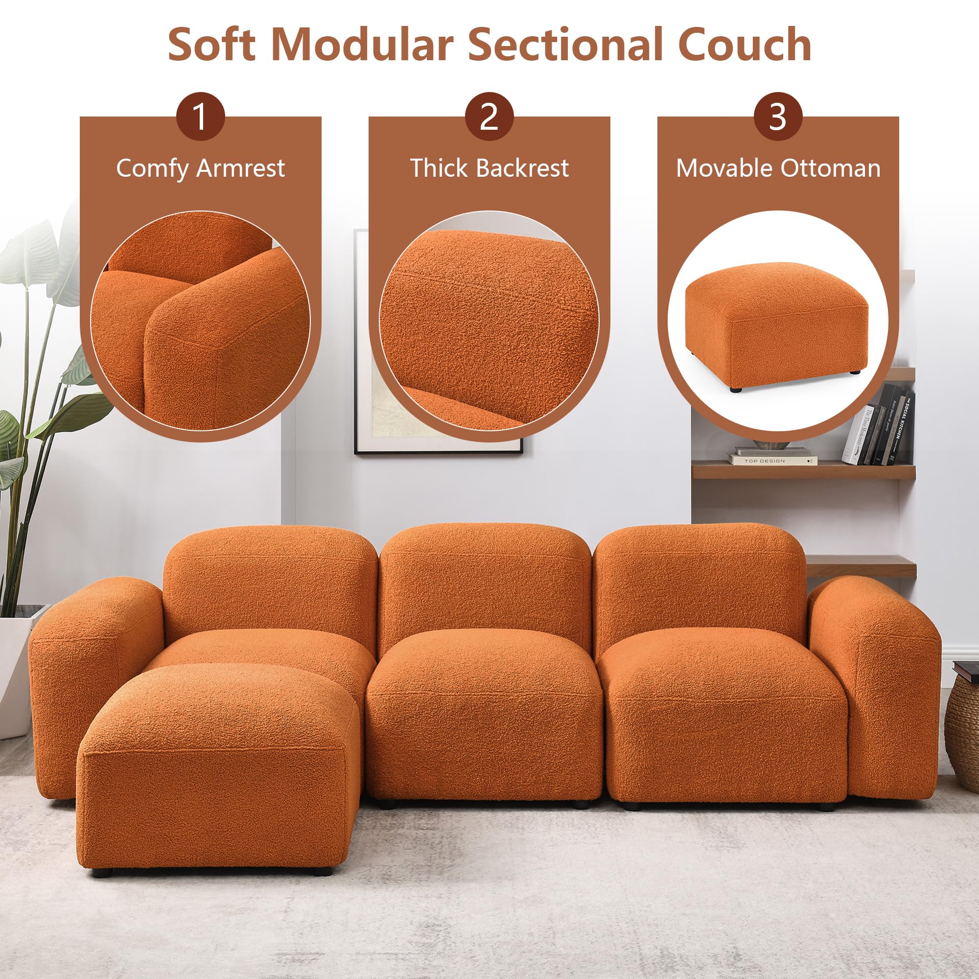 VEPXXP 94” Modular Sectional Sofa with Ottoman Modern Teddy Fleece 3 Seater Cloud Couch L Shaped Sofa Couch for Living Room, Office, Apartment, Orange