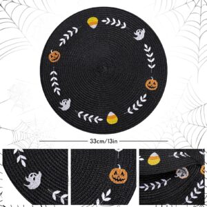 Whaline 4Pcs Round Halloween Placemats Embroidered Ghost Pumpkin Candy Corn Place Mats Black Spooky Dinner Table Mats for Halloween Party Decor