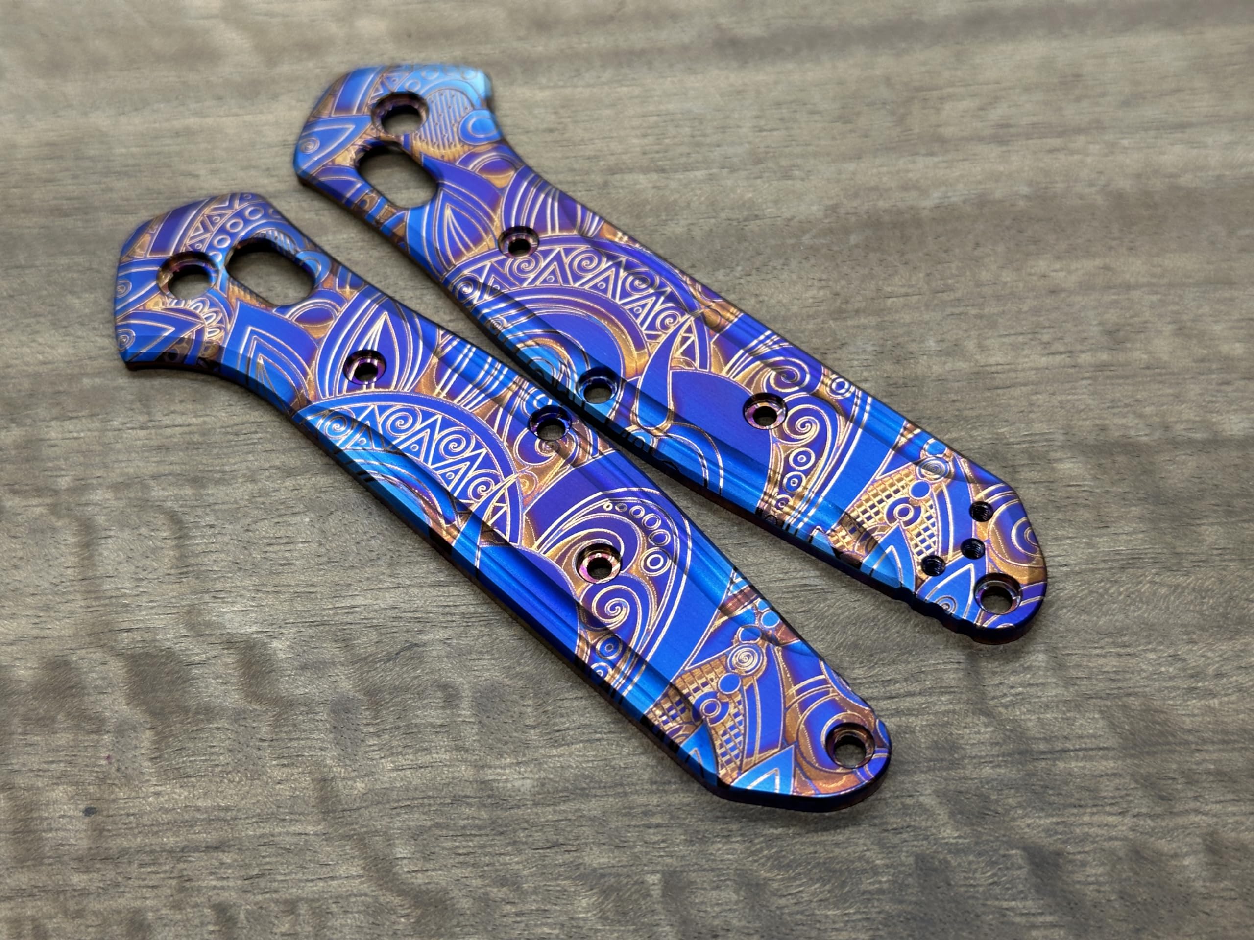 Flamed SUNRISE heat ano engraved Titanium Scales for Benchmade 940 Osborne