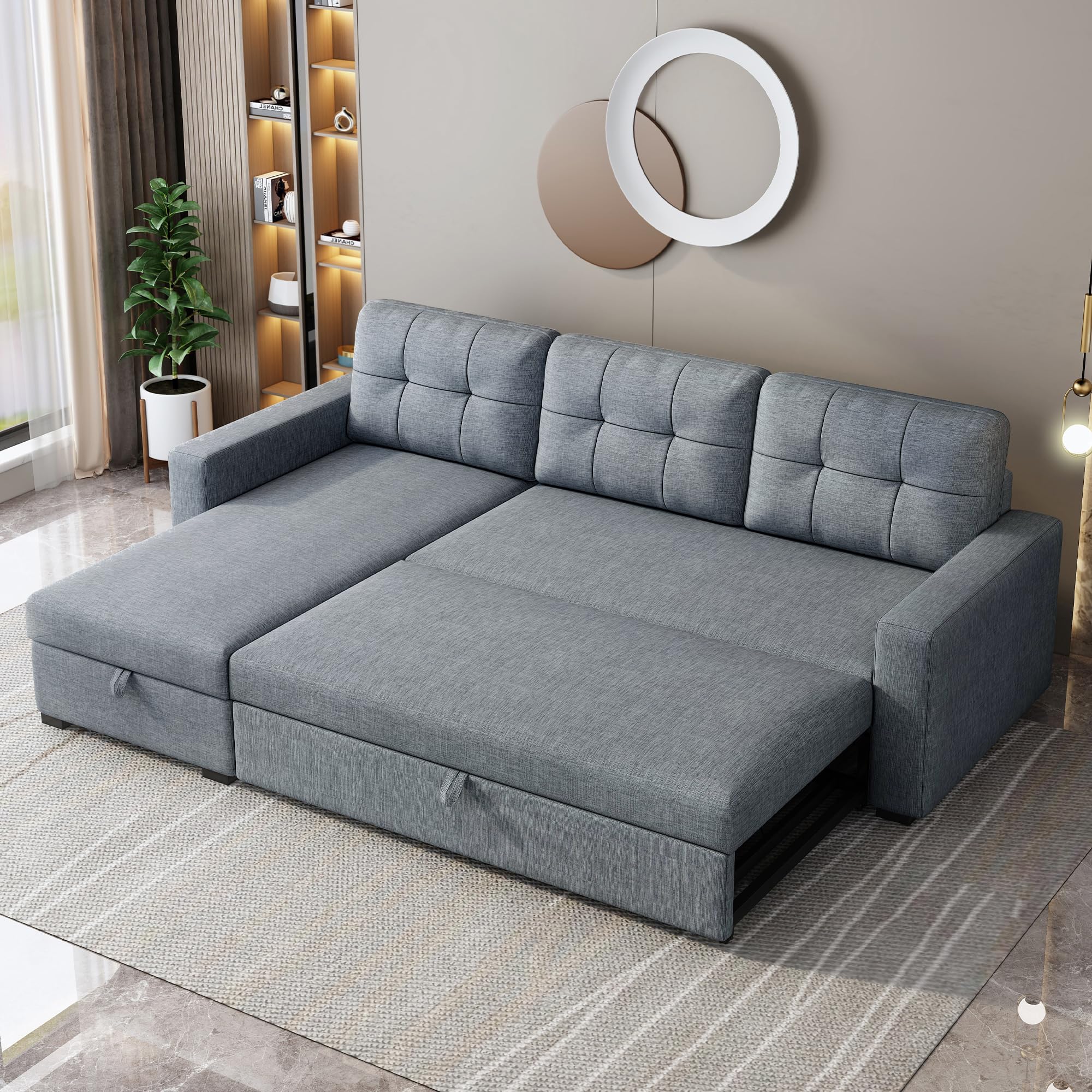 YOPTO Sleeper Sofa Couch with Pull Out Bed,L Shaped Sleeper Sofa with Storage,Sectional Sleeper Couch,Convertible Sleeper Sectional Sofa W/Chaise and 3 Back Cushions,for Living Room,Office,Light Grey