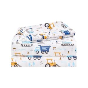 lasoftan kids sheet set twin size 3 pcs, boys twin sheet set with blue excavator car pattern，kids boys twin fitted sheet ，breathable & silky soft microfiber kids fitted sheet