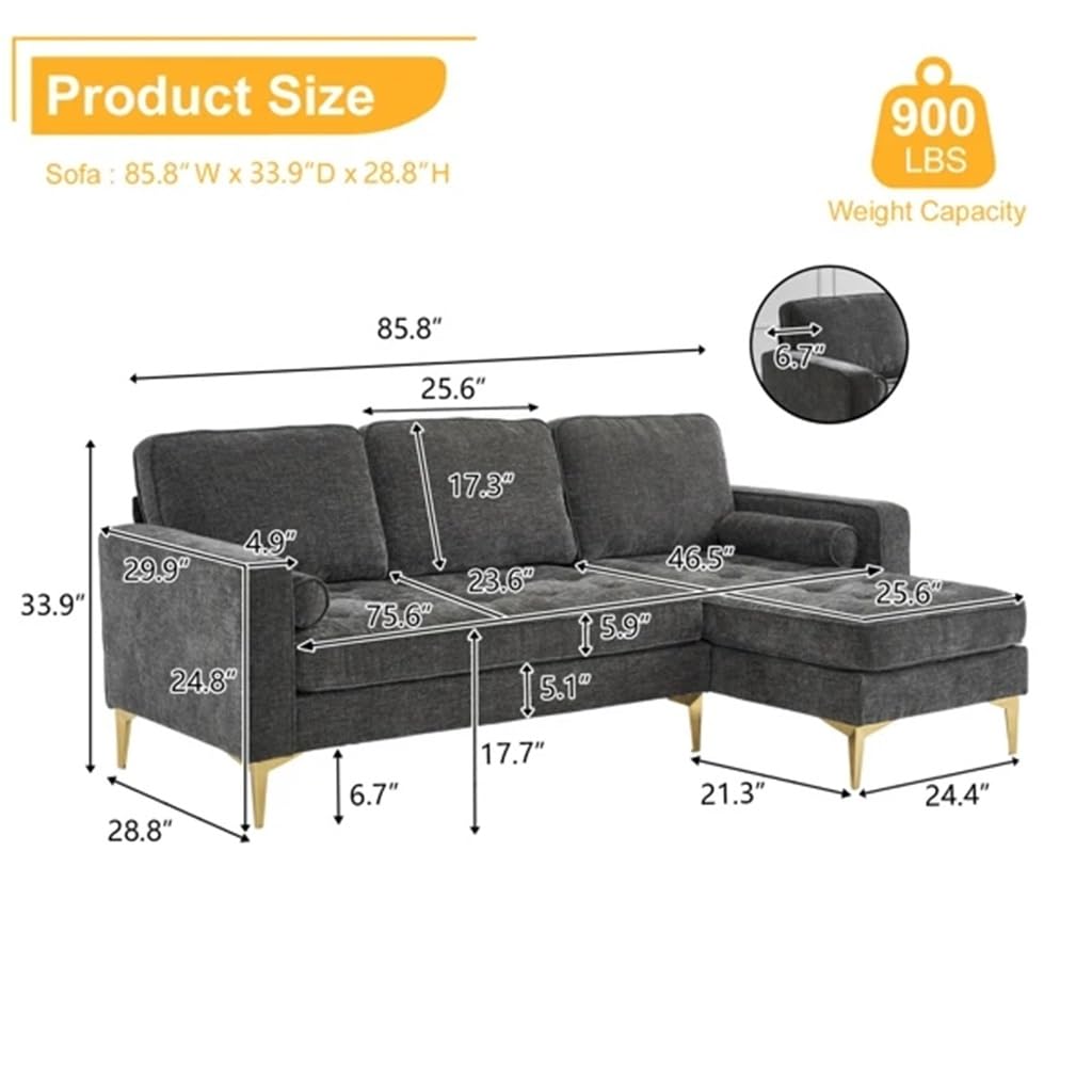 FANCUF Modular 3-Seater Sofa with Footstool Chenille Rhombus Electroplated Golden Tripod Legs, Drak Gray, for Living Room