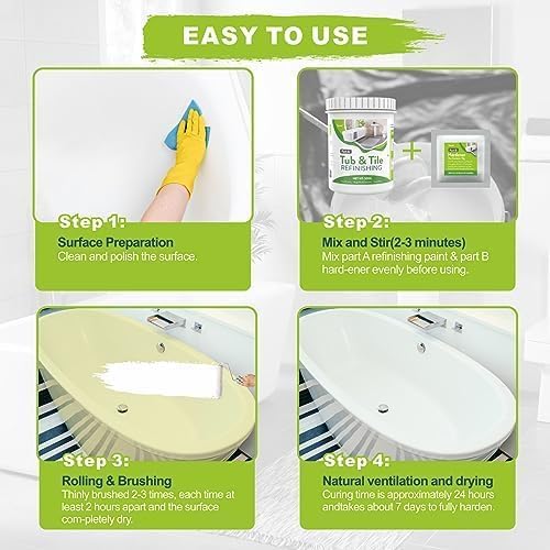 DIY Sink Bathtub Reglaze Kit White, Water Based Tub and Tile Refinishing Kit Easy to Use, Tile Paint Kit Low Odor Bathtub Refinishing Paint for Bathroom Kitchen Porcelain Fiberglass