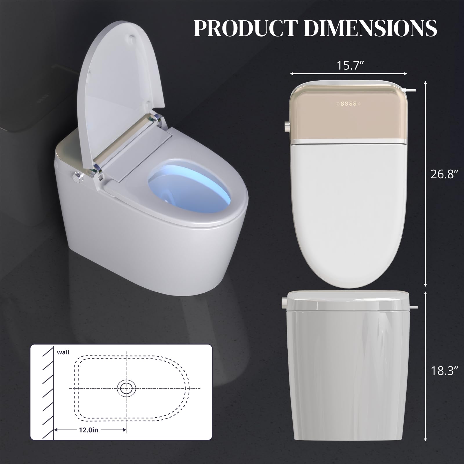 Smart Bidet Toilet with Heated Water/Adjustable Wash Settings/Heated Seat, One Piece Bidet-Toilet with Air Dryer, LED Light, Remote Control, Oscillating Spray, Power Failure Flushing