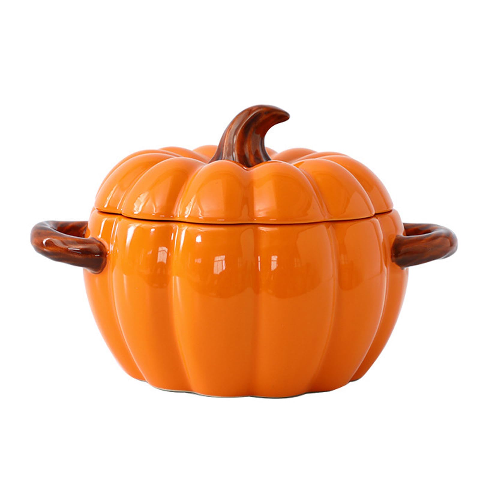 Dutch Oven Pot with Lid, 1.7 Quarts Cute Ceramic Pumpkin Bowl Mini Baking Dish, Dessert Saucepan with Double Handle, Covered Stockpot Pottery Casserole, Halloween Thanksgiving Decor (Orange)