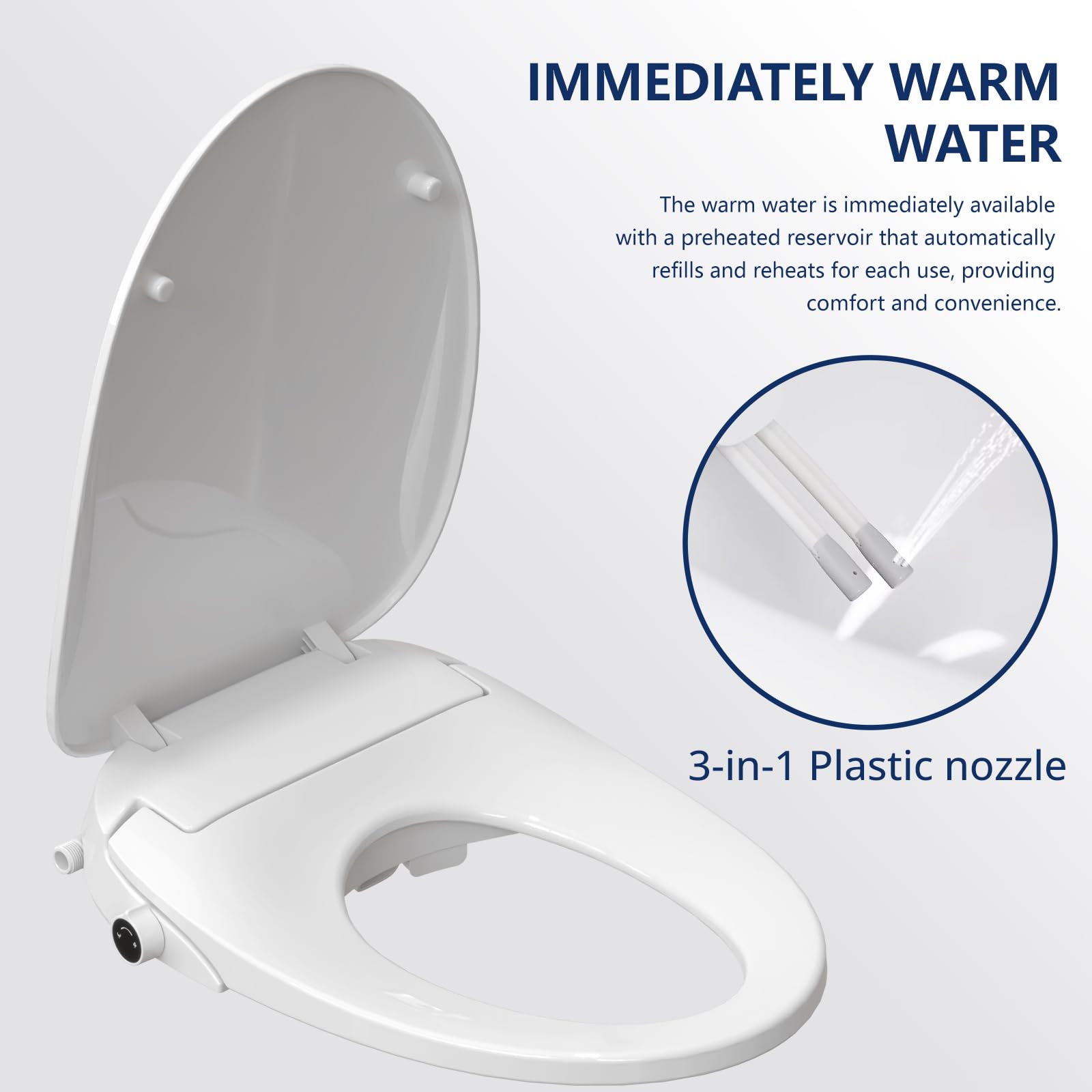 Smart Bidet Toilet Seat with Heated Water, Adjustable Washing, Air Dryer, Warm Seat, Nightlight, Self-washing, Knob Control