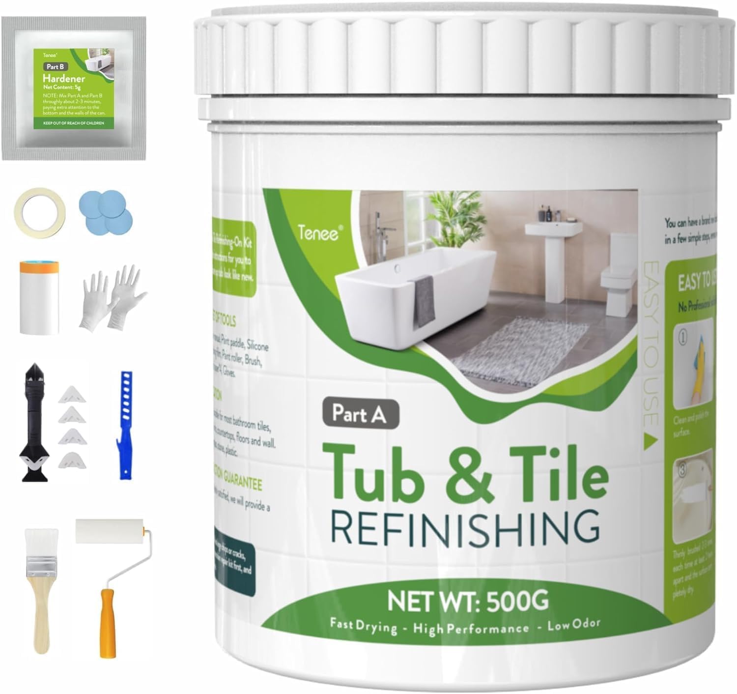 DIY Sink Bathtub Reglaze Kit White, Water Based Tub and Tile Refinishing Kit Easy to Use, Tile Paint Kit Low Odor Bathtub Refinishing Paint for Bathroom Kitchen Porcelain Fiberglass