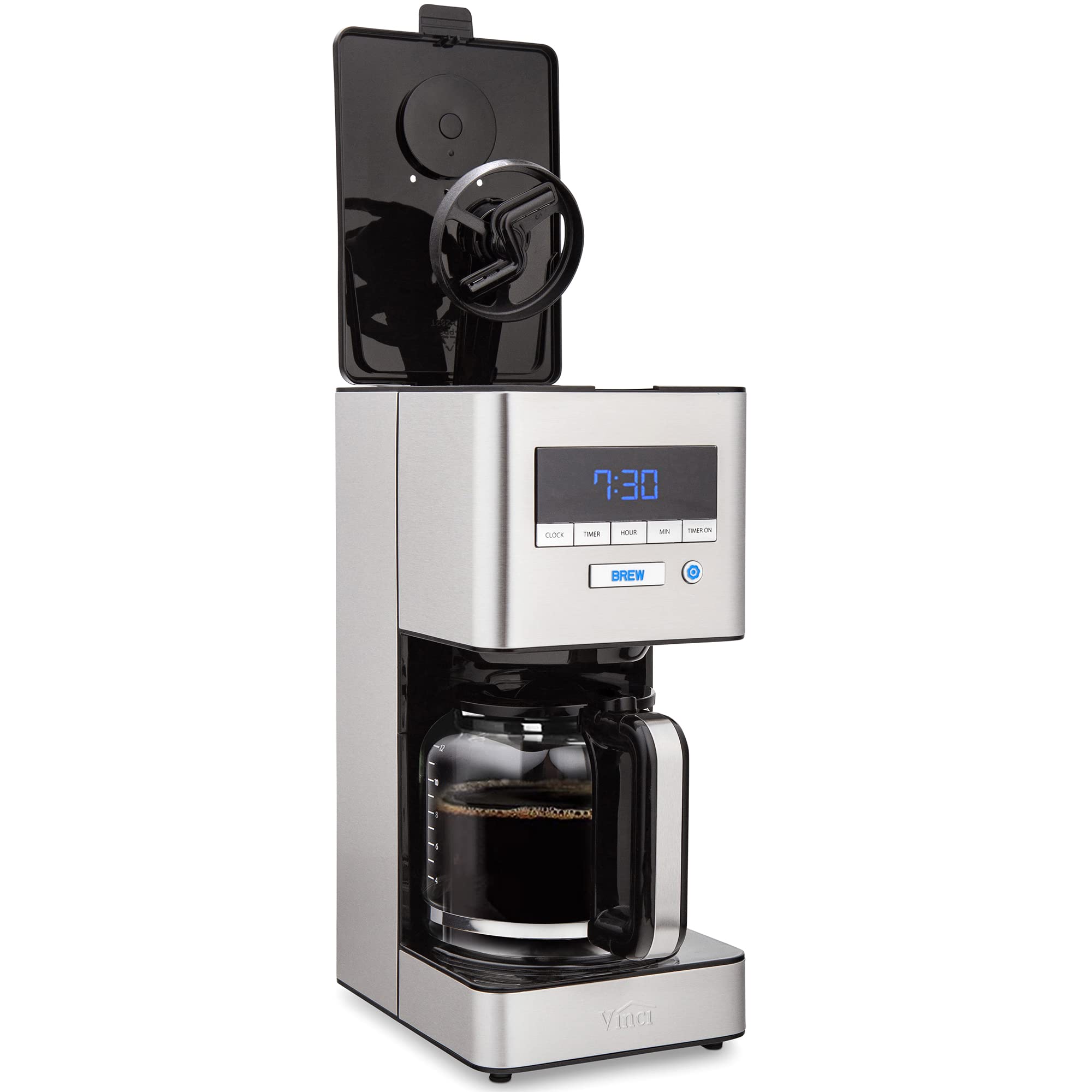 VINCI RDT Elite Spinning Sprayhead Coffee Maker | 12-Cup Programmable Coffee Brewer with Bloom Feature and Rotary Dispersion Technology | Black and Stainless Steel | Auto Shut-Off