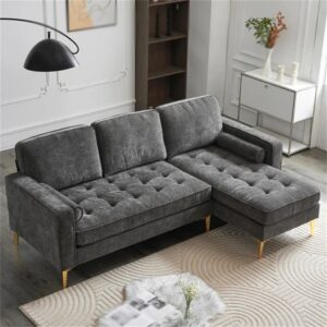 FANCUF Modular 3-Seater Sofa with Footstool Chenille Rhombus Electroplated Golden Tripod Legs, Drak Gray, for Living Room