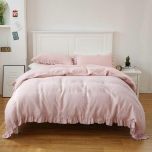 the bed linen, linen duvet cover in blush pink, ruffle linen comforter cover, queen king linen bedding set ruffled bedding set washed linen fabric duvet cover set uo bedding (full 80x90)