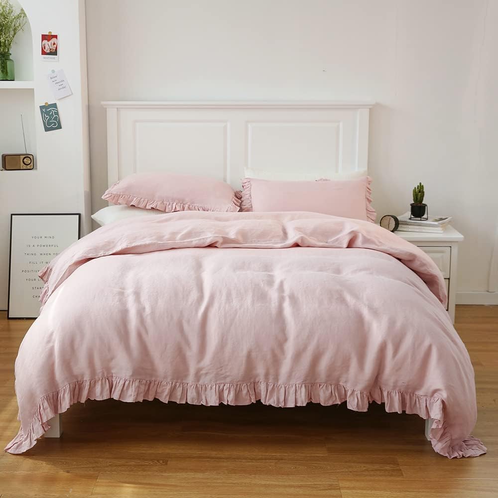 The Bed Linen, Linen Duvet Cover in Blush Pink, Ruffle Linen Comforter Cover, Queen King Linen Bedding Set Ruffled Bedding Set Washed Linen Fabric Duvet Cover Set Uo Bedding (Full 80X90)