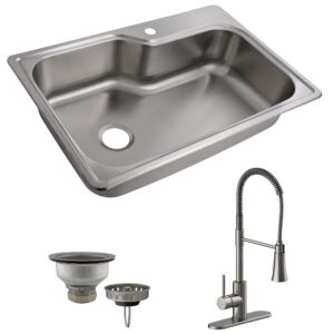 design house kitchen sink and faucet set - single bowl stainless steel sink, drain strainer, and satin nickel pull down faucet with dual function spray