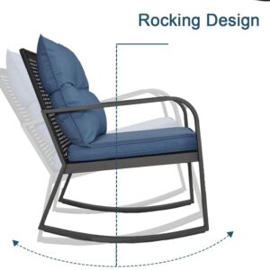 HLNPTN 3 Pieces Patio Rocking Chairs Outdoor Bistro Set, Wicker Outdoor Rocker Chair of 2, Porch Sofa Seat Patio Furniture Conversation Sets with Tempered Glass Top Coffee Table & Cushions, Dark Blue