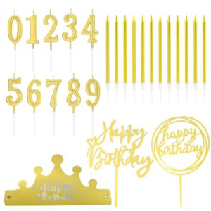 chanseen 25pcs gold birthday candles topper crown set - number candles 0 1 2 3 4 5 6 7 8 9, 12pcs long thin metallic candles, 2pcs cake toppers and birthday paper crown hat for cake decorations party